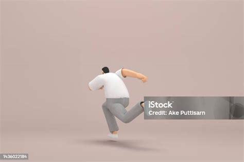 회색 코듀로이 바지와 화이트 칼라 티셔츠를 입은 수염을 가진 남자 연기에서 만화 캐릭터의 3d 일러스트 레이터 그는 달리고있다 3차원 형태에 대한 스톡 사진 및 기타 이미지