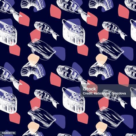 흑백 초밥으로 드로잉 패턴을 스케치합니다 일본 패션 직물 섬유 벽지 표지를 위한 아시아 음식 디자인 벡터 그림입니다 0명에 대한 스톡 벡터 아트 및 기타 이미지 Istock