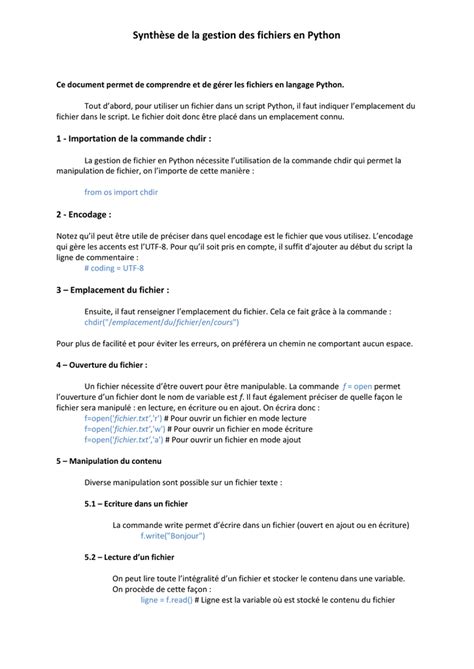 Synthèse De La Gestion Des Fichiers En Python