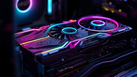 Neon Powerhouse High End Graphics Card With Vibrant Rgb Lighting Stock