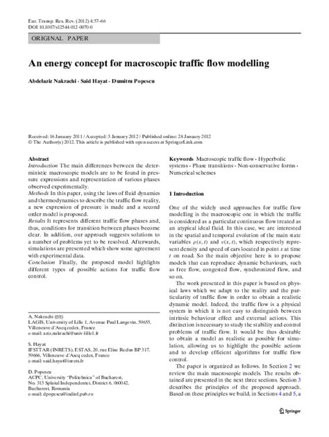 Pdf An Energy Concept For Macroscopic Traffic Flow Modelling