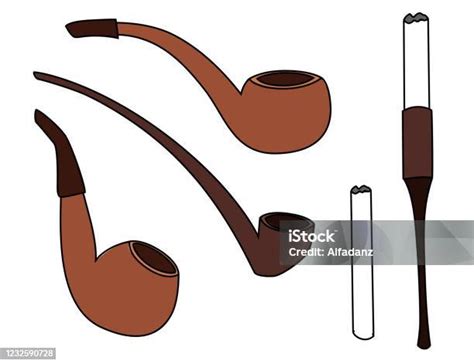 흰색 배경에 고립 된 다른 복고풍 나무 흡연 파이프 평면 벡터 그림의 컬렉션 갈색에 대한 스톡 벡터 아트 및 기타 이미지 갈색 개념 개인 장식품 Istock