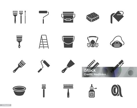 화가 도구 평면 문양 아이콘 설정 홈 개조 장비 롤러 페인트 브러시 사다리 마스킹 테이프 호흡보호구 벡터 그림 표지판 인테리어 디자인 실루엣 픽토그램 픽셀 퍼펙트 64x64