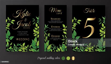 블랙 웨딩 초대장 메뉴 카드 테이블 번호 녹색 잎꽃 디자인 단풍 녹지 장식 프레임 프린트 벡터 우아한 귀여운 소박한 인사말 개체 그룹에 대한 스톡 벡터 아트 및 기타 이미지
