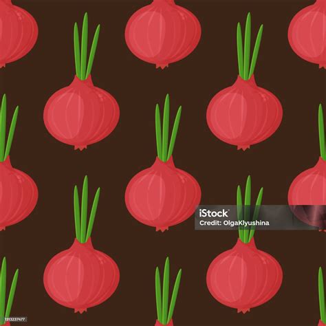 매끄러운 패턴 빨간 양파 와 파 배경에 고립 된 컷 어웨이 양파 상단 보기 요리 블로그에 대 한 평면 누워 비디오 레시피 화면 보호기 패치 워크 직물 벡터 일러스트레이션