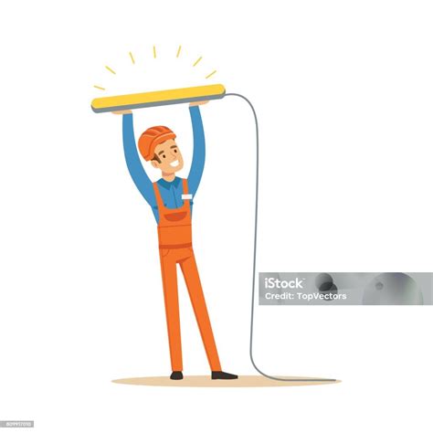 형광 램프를 설치 하는 제복에서 전기를 웃 고 전기 실적 전기 사람 작동 하는 벡터 일러스트 레이 션 남자에 대한 스톡 벡터 아트 및 기타 이미지 Istock