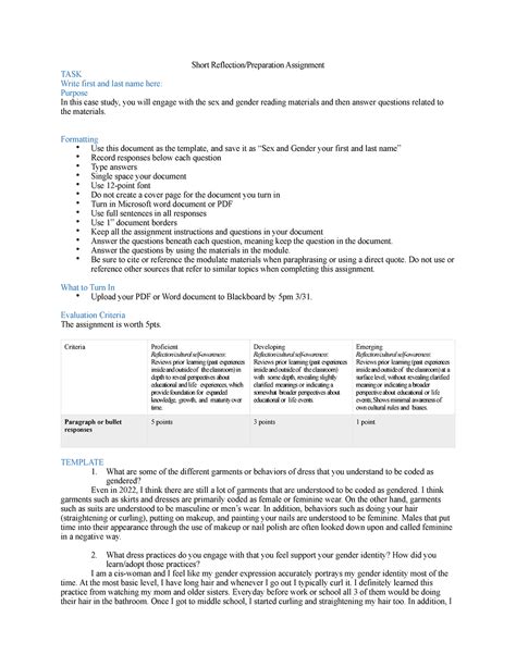 Sex And Gender HW Assignment Short Reflection Preparation Assignment TA S K Write First And