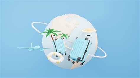 3d 렌더링 관광 개념 여행 관광 여행 계획 세계 여행은 비행기와 수하물 연한 파란색 배경에 고무 반지를 가지고 있습니다 3차원