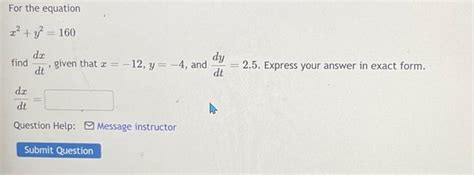 solved for the equation x² y² 160 dx dt dy find given