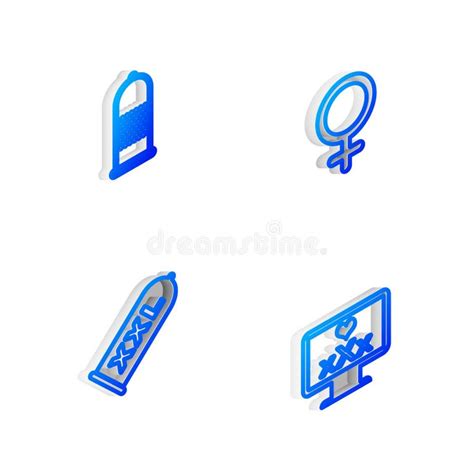 Set Isometric Line Female Gender Symbol Condom Safe Sex And Monitor