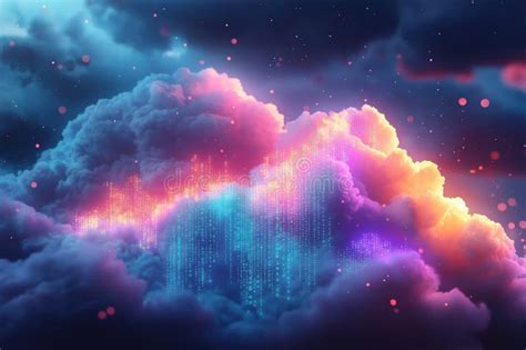 Cloud Computing Growth Symbolized By Binary Code Rain Falling From Colorful Clouds Stock