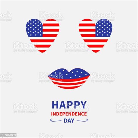 심장 모양 미국 국기 아이콘 세트입니다 눈과 입술에 얼굴 스타와 스트립 7 월 4 일 미국 행복 독립 기념일 인사말 카드입니다 평면 디자인입니다 7월에 대한 스톡 벡터 아트