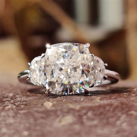 Three Stones Engagement Ring 431 Tw Cushion Halfmoon Moissanite Ring