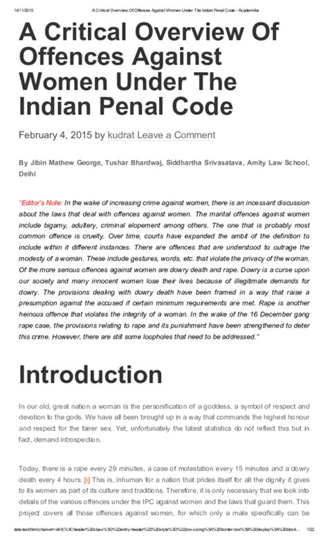 Pdf A Critical Overview Of Offences Against Women Under The Indian Penal Code Academike