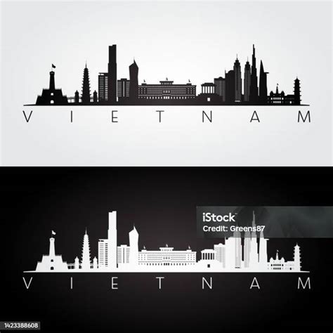 베트남 스카이 라인과 랜드 마크 실루엣 흑백 디자인 벡터 일러스트레이션 베트남에 대한 스톡 벡터 아트 및 기타 이미지 베트남