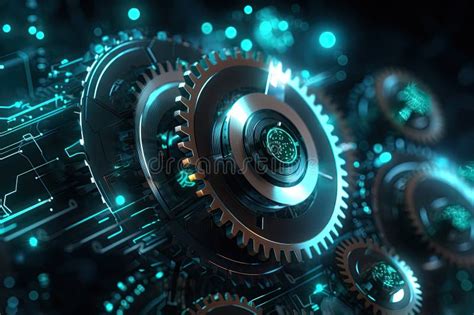Digital Gear Wheels On Circuit Board High Technology Engineering Generative Ai Stock
