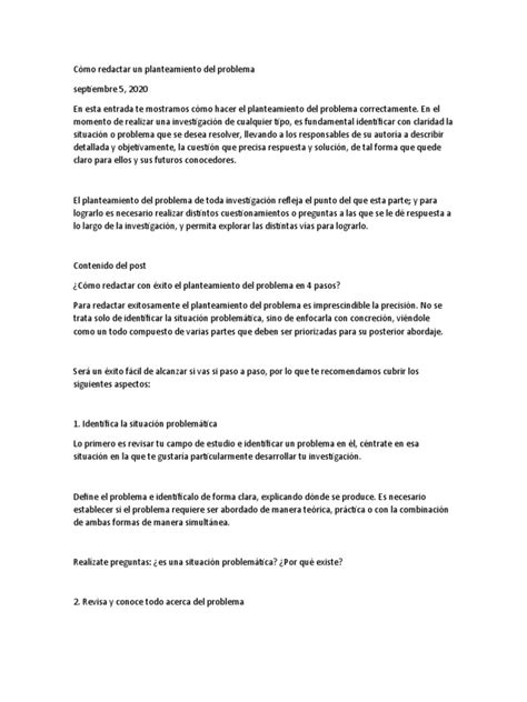 Cómo Redactar Un Planteamiento Del Problema Pdf Evaluación
