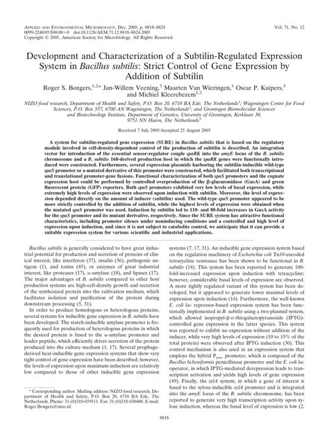 Pdf Development And Characterization Of A Subtilin Regulated Expression System In Bacillus