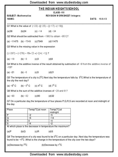 cbse class 7 maths worksheet integers pdf mathematics arithmetic