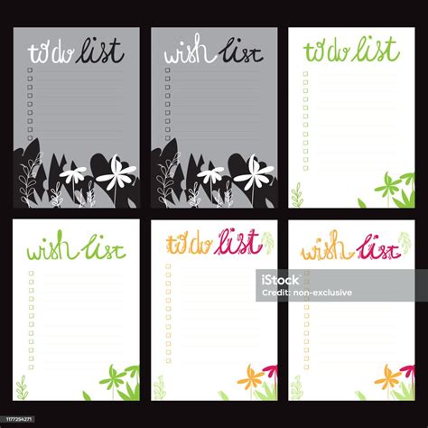 글머리 기호 저널 체크리스트 공백의 집합 노트북 일기 및 플래너를위한 정글 잎여섯 다채로운 낙서 템플릿 흰색 노란색 분홍색 배경입니다 위시 리스트에 대한 스톡 벡터 아트 및