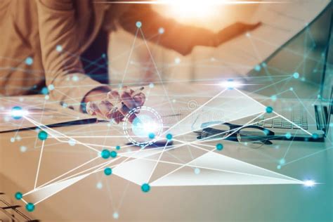 Digital Networking And Hologram With The Hands Of A Business Woman At