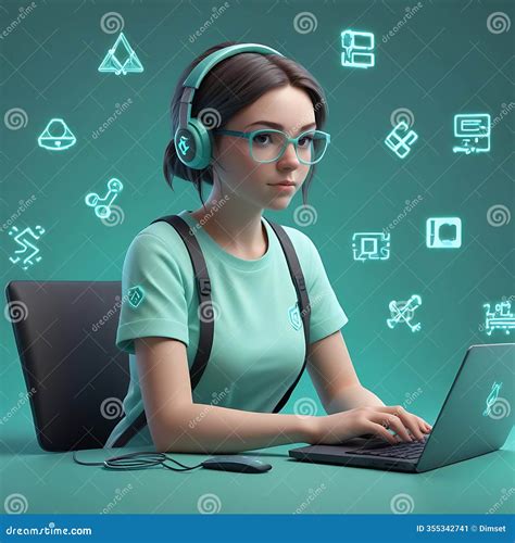 Girl Coding Tech Illustration With Neon Icons Stock Illustration Illustration Of Icons