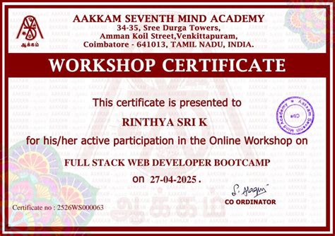 Fullstackdeveloper Webdevelopment Bootcamp Certification Rinthya Sri