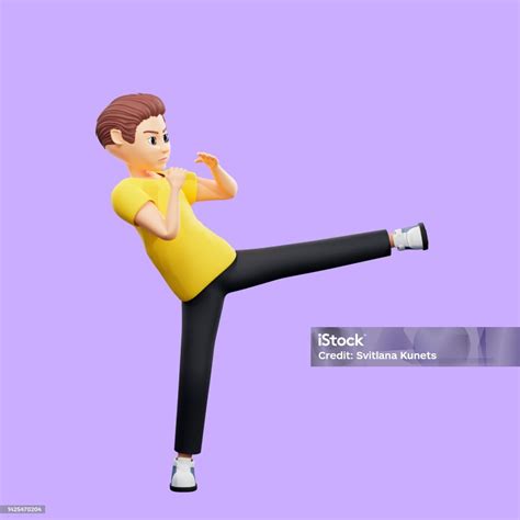 다리를 올린 남자의 래스터 그림 노란 티셔츠 킥 로우 킥 하이킥 태권도 쿵푸 가라데 혼합 무술 투쟁 비즈니스를위한 3d 렌더링 아트 워크 3차원 형태에 대한 스톡 사진 및