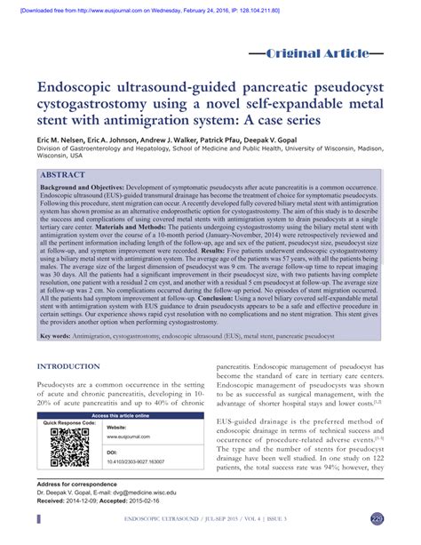 Pdf Endoscopic Ultrasound Guided Pancreatic Pseudocyst Cystogastrostomy Using A Novel Self