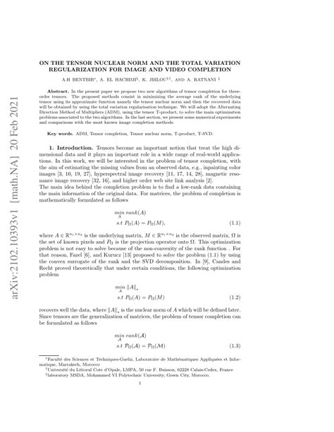 Pdf On The Tensor Nuclear Norm And The Total Variation Regularization For Image And Video