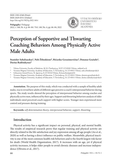 Pdf Perception Of Supportive And Thwarting Coaching Behaviors Among Physically Active Male Adults