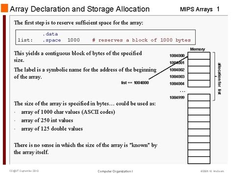 Array Declaration And Storage Allocation MIPS Arrays 1