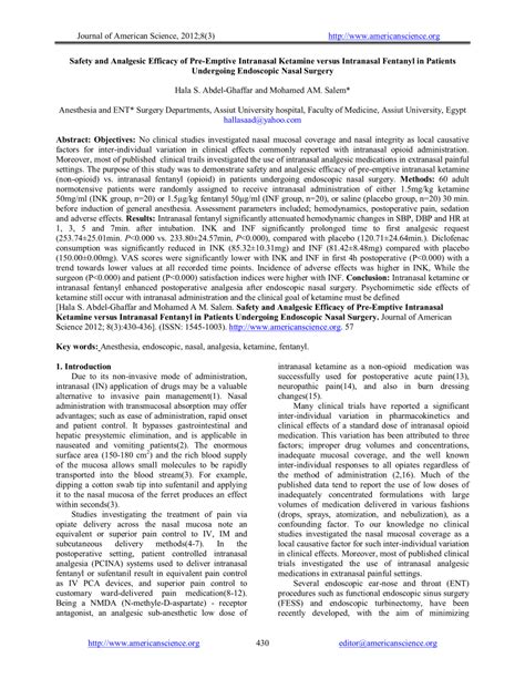 Pdf Safety And Analgesic Efficacy Of Pre Emptive Intranasal Ketamine Versus Intranasal