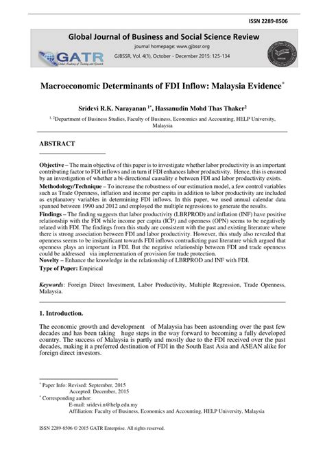 Pdf Macroeconomic Determinants Of Fdi Inflow Malaysia Evidence