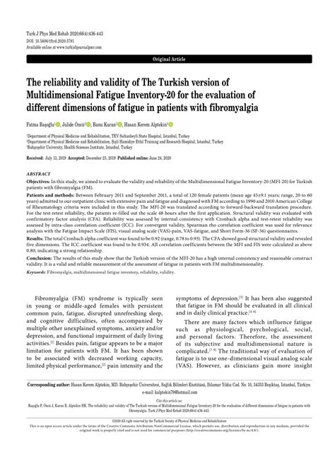 Pdf The Reliability And Validity Of The Turkish Version Of Multidimensional Fatigue Inventory
