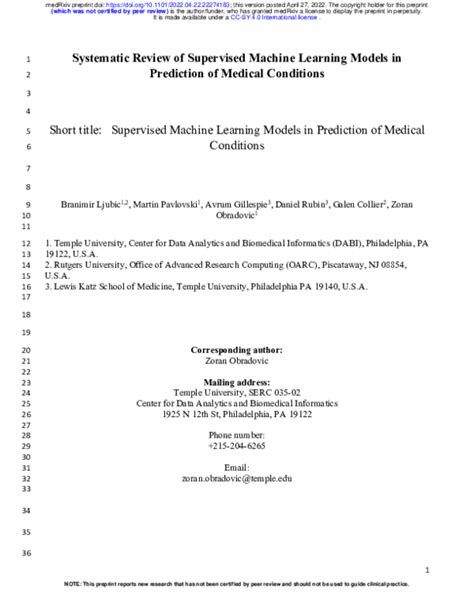 Pdf Systematic Review Of Supervised Machine Learning Models In Prediction Of Medical Conditions