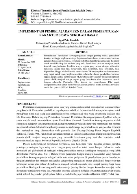 Pdf Implementasi Pembelajaran Pkn Dalam Pembentukan Karakter Siswa Sekolah Dasar