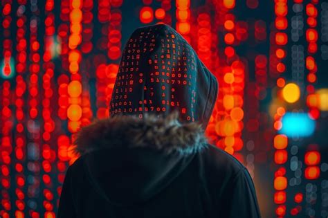 Hacker In Hoodie Standing In Front Of Binary Code Premium Ai