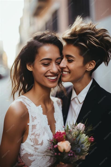 Pareja Von Lesbischen Chichas Lgtby Am Tag Ihrer Hochzeit Premium Foto