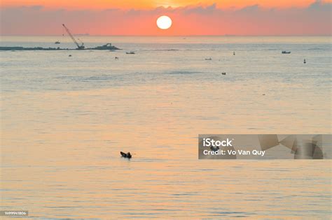 일출 풍경은 베트남 어부들의 어선의 실루엣과 함께 강 입구 위로 일출 풍경 밝은 주황색노란색 하늘 강에 대한 스톡 사진 및 기타 이미지 Istock