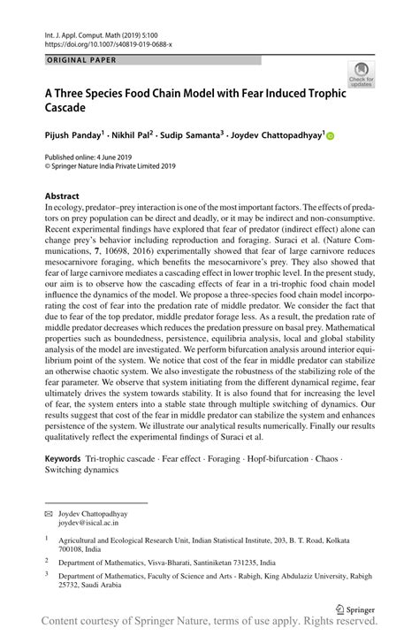 A Three Species Food Chain Model With Fear Induced Trophic Cascade Request Pdf
