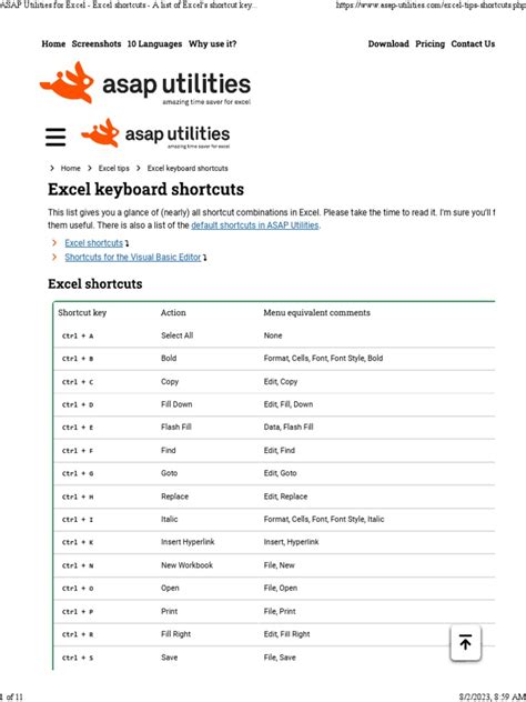 Asap Utilities For Excel Excel Shortcuts A List Of Excels Shortcut Keys Excel Tips 1