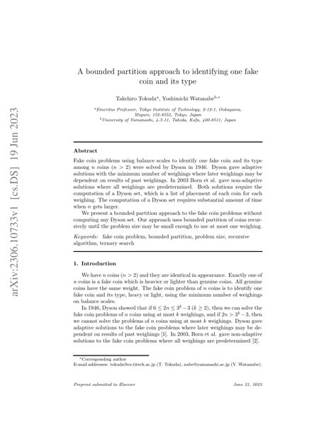 Pdf A Bounded Partition Approach To Identifying One Fake Coin And Its Type