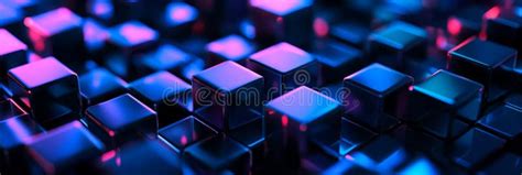 Abstract Composition Of Glowing Cubes In Blue And Purple Illuminated By Soft Light At Night