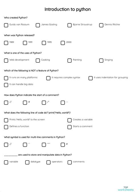 Introduction To Python Interactive Worksheet Topworksheets