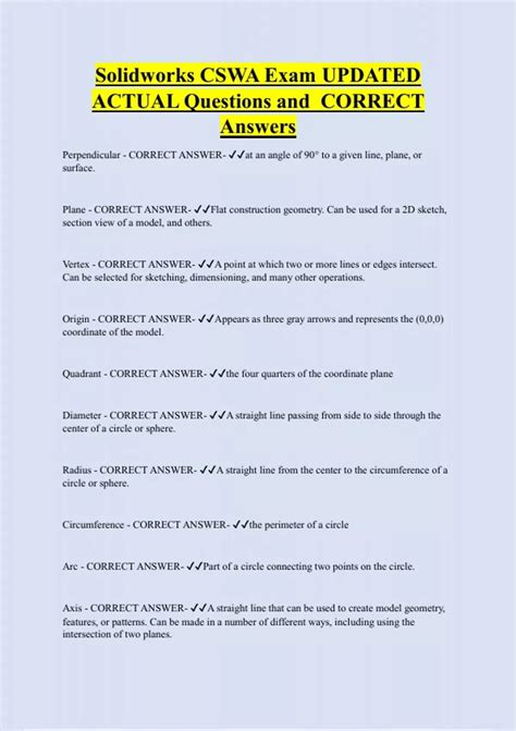 Solidworks Cswa Exam Updated Actual Questions And Correct Answers