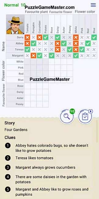 Cross Logic Normal Level 10 Answer Four Gardens Puzzle Game Master