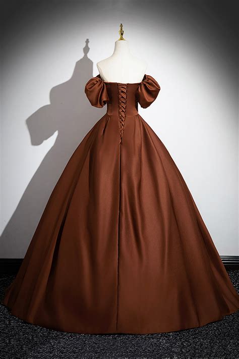 Brown Satin Long A Line Prom Dress Off The Shoulder Evening Party Dre