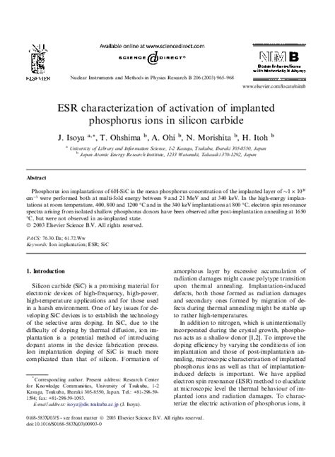 Pdf Esr Characterization Of Activation Of Implanted Phosphorus Ions