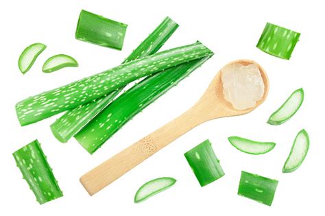 알로에 베라는 클리핑 경로와 전체 깊이의 필드로 흰색 배경에 고립 된 숟가락으로 슬라이스 맨 위 보기입니다 텍스트에 대한 복사